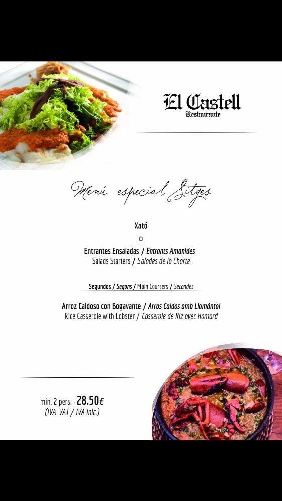 Menu at El Castell restaurant, Sitges