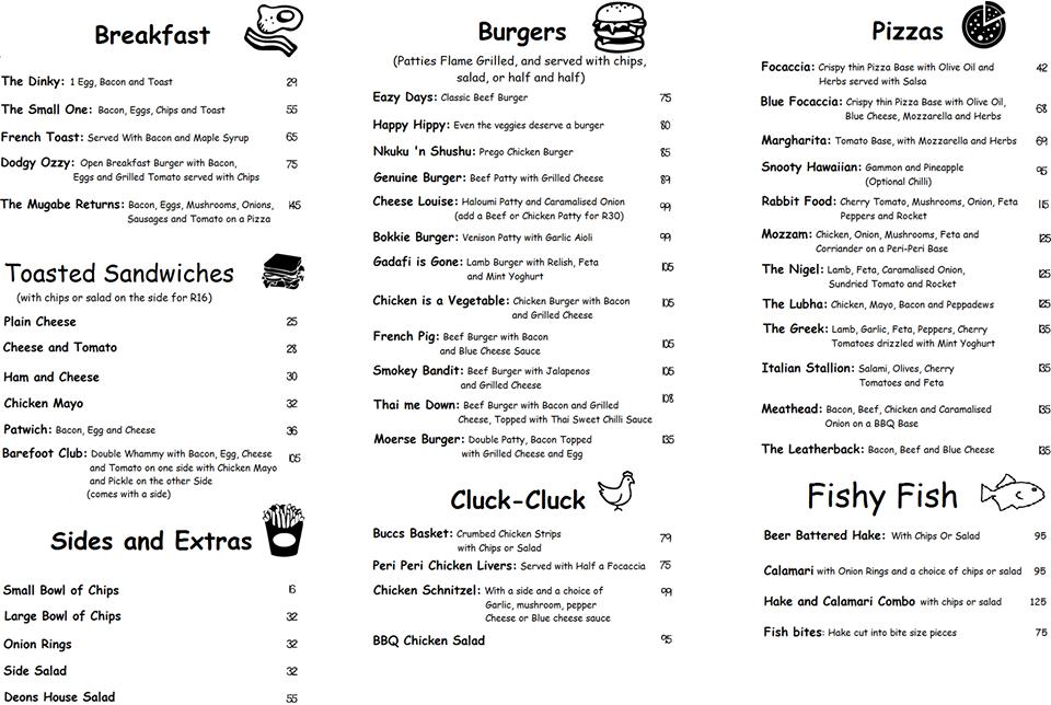 Menu at The Barefoot Cafe, South Africa