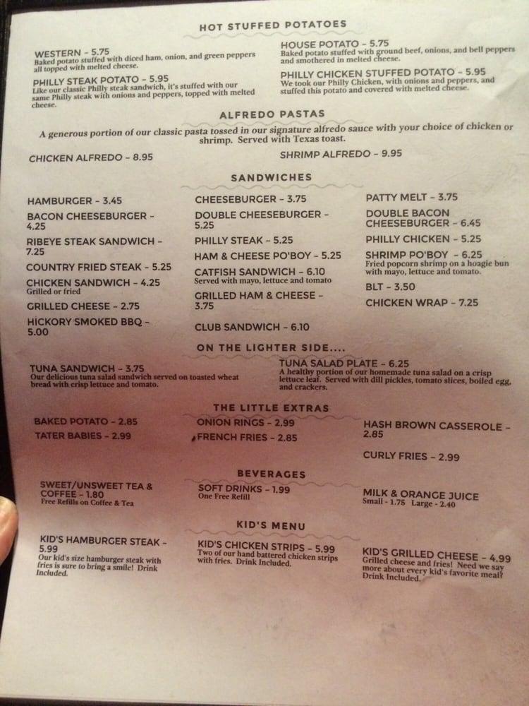 Menu at Tin Lizzie Cafe, West Point, US-45 ALT