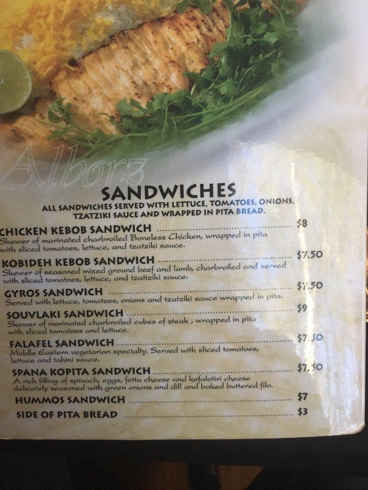 Menu at Alborz restaurant, Del Mar