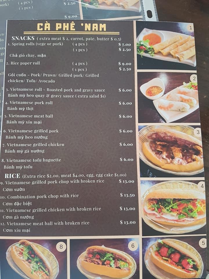 Menu at Cà Phê Nam restaurant, Brisbane City