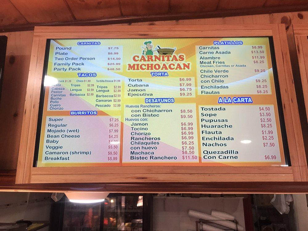 Menu at Carnitas Michoacan restaurant, Ceres