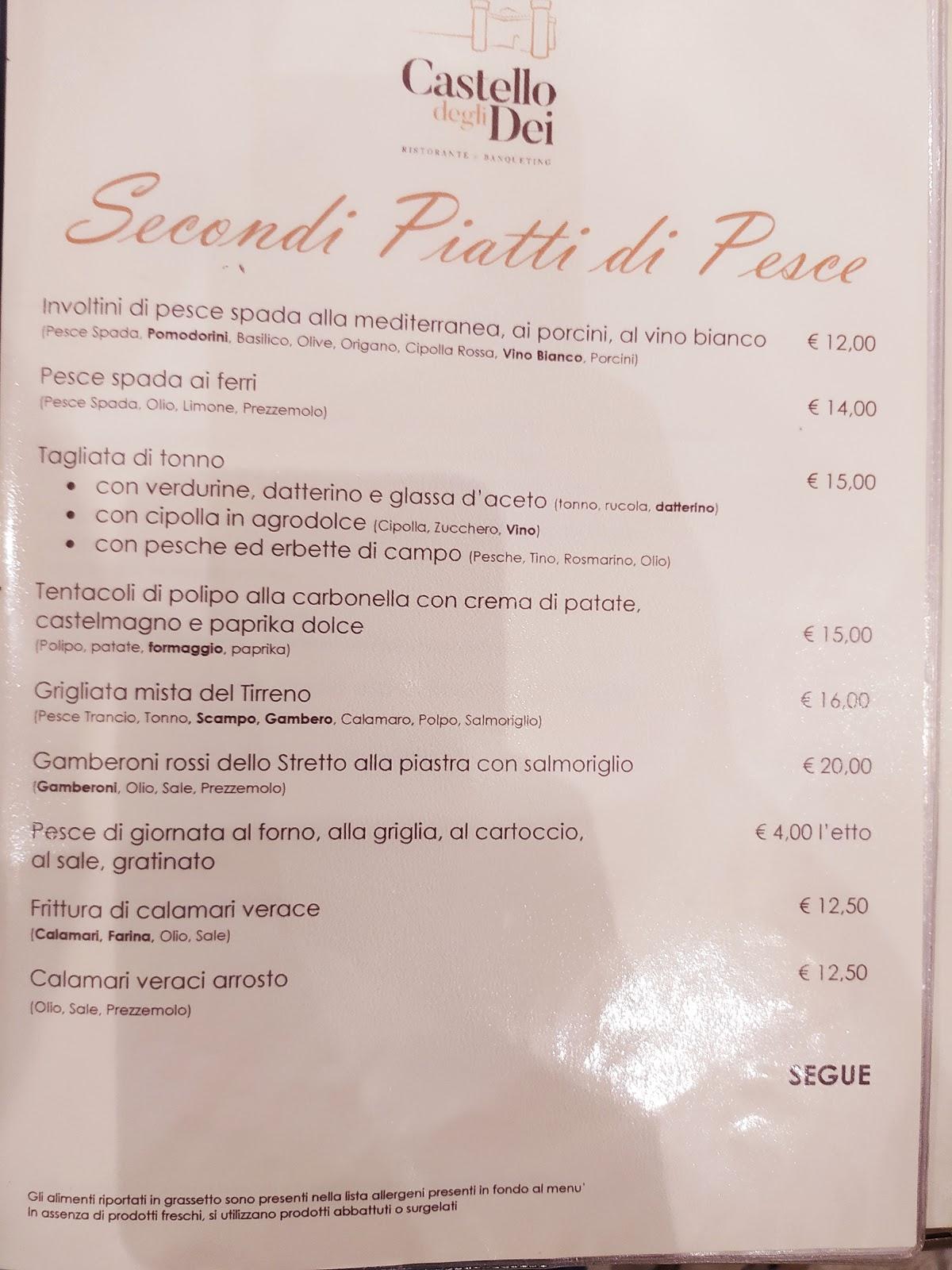 Menu at Castello Degli Dei restaurant, San Giorgio Morgeto