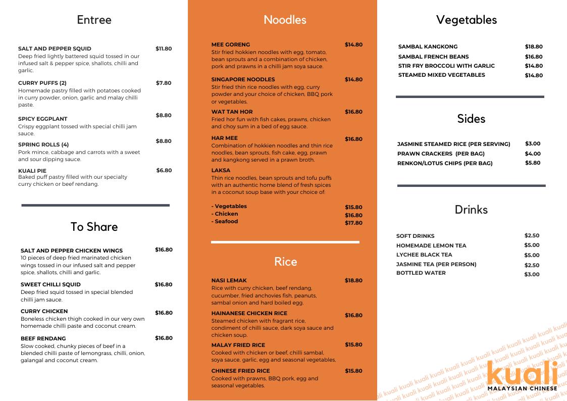Menu at Kuali Malaysian Chinese restaurant, Baulkham Hills