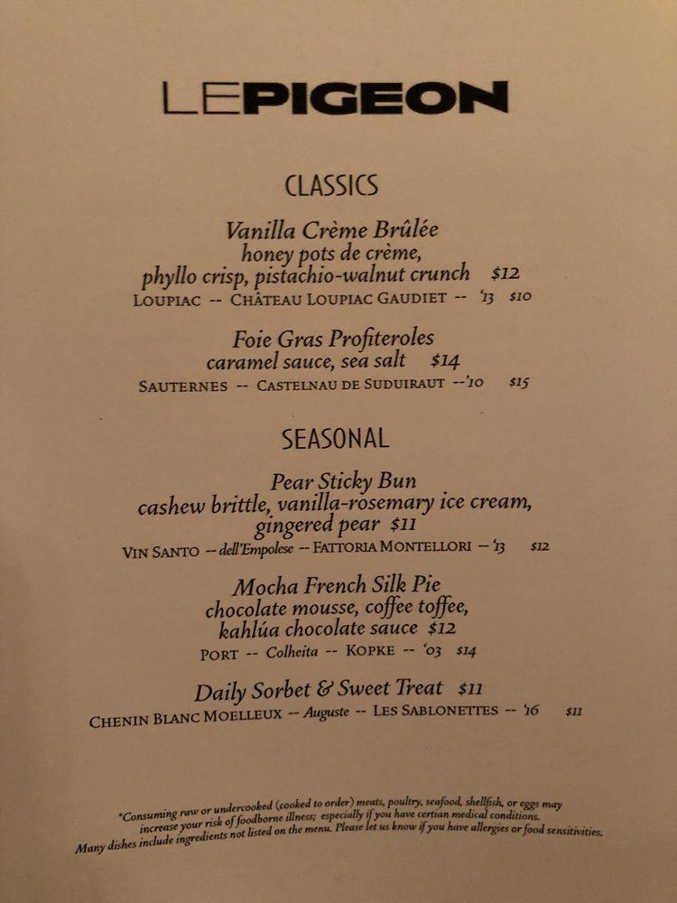 Menu at Le Pigeon restaurant, Portland