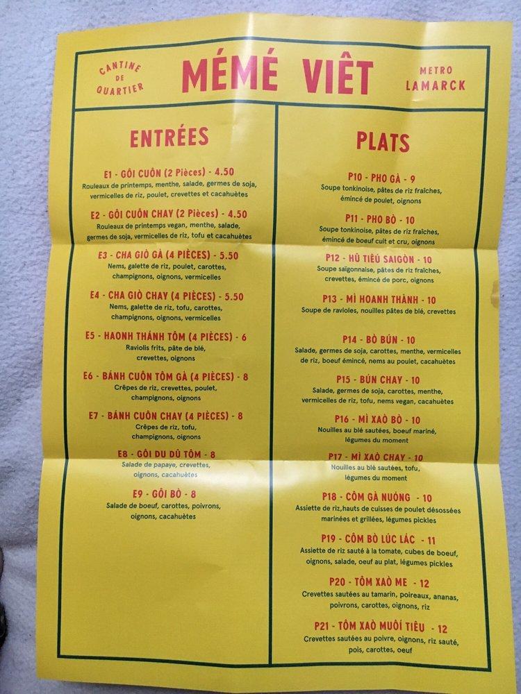 Menu au Mémé Viet restaurant, Paris
