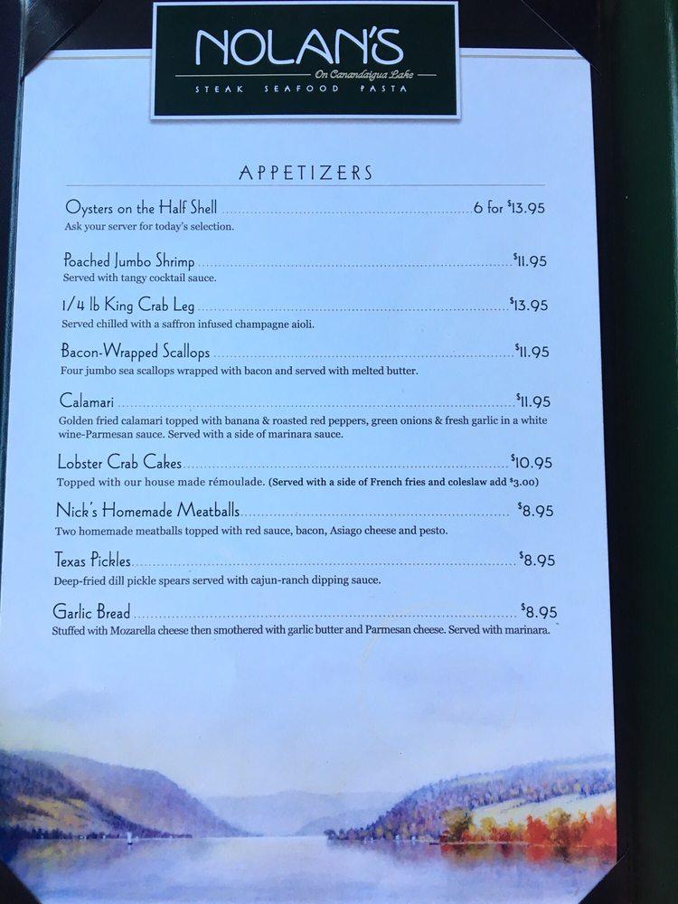 Menu at Nolan's steakhouse, Canandaigua