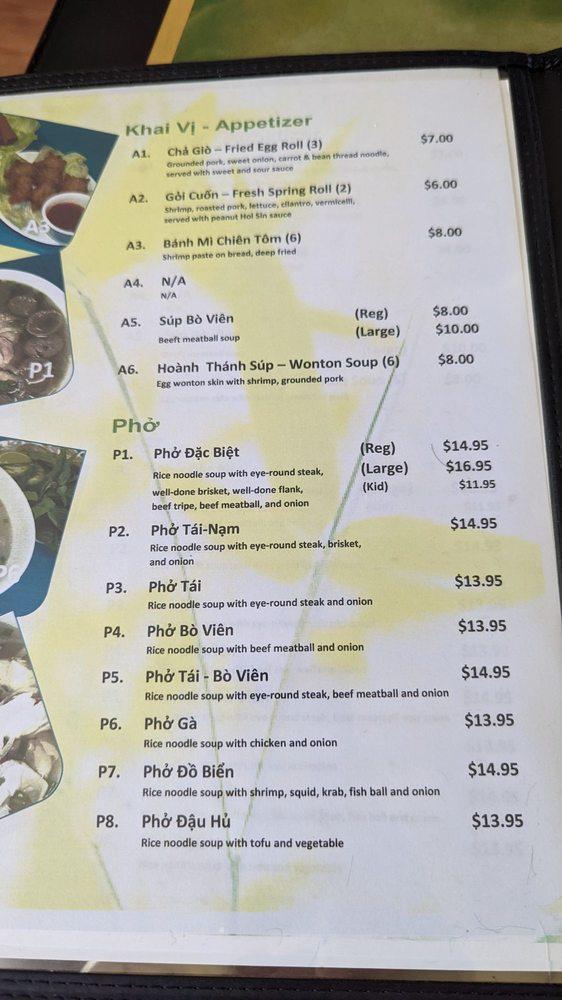 Menu at Pho Nguyen Vietnamese Noodle restaurant, Valparaiso