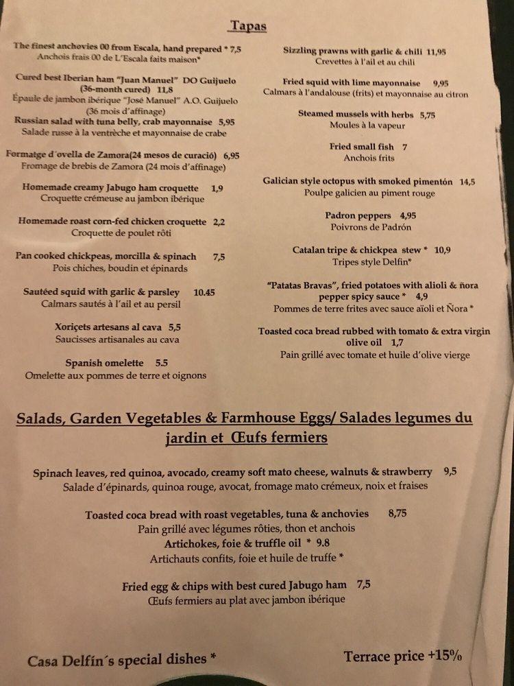 Menu at Restaurant Casa Delfín, Barcelona, Passeig del Born