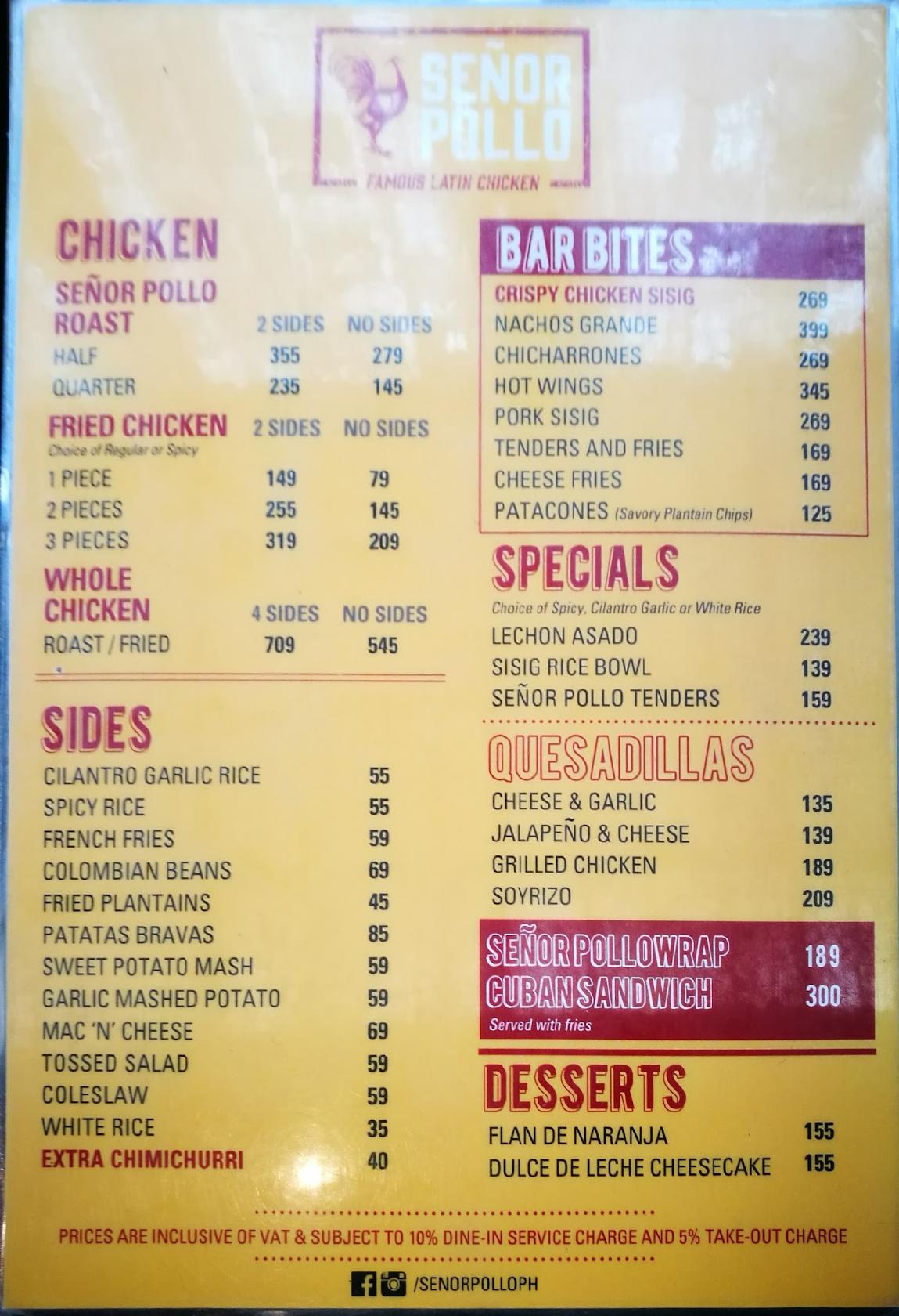 Menu at Señor Pollo restaurant, Pasig