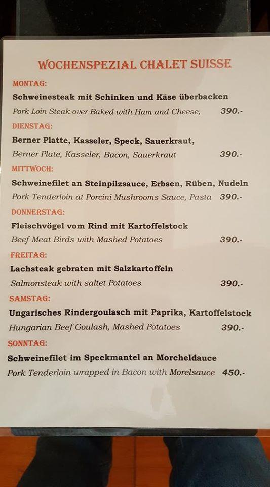 Menu at Chalet Suisse restaurant, Pattaya City