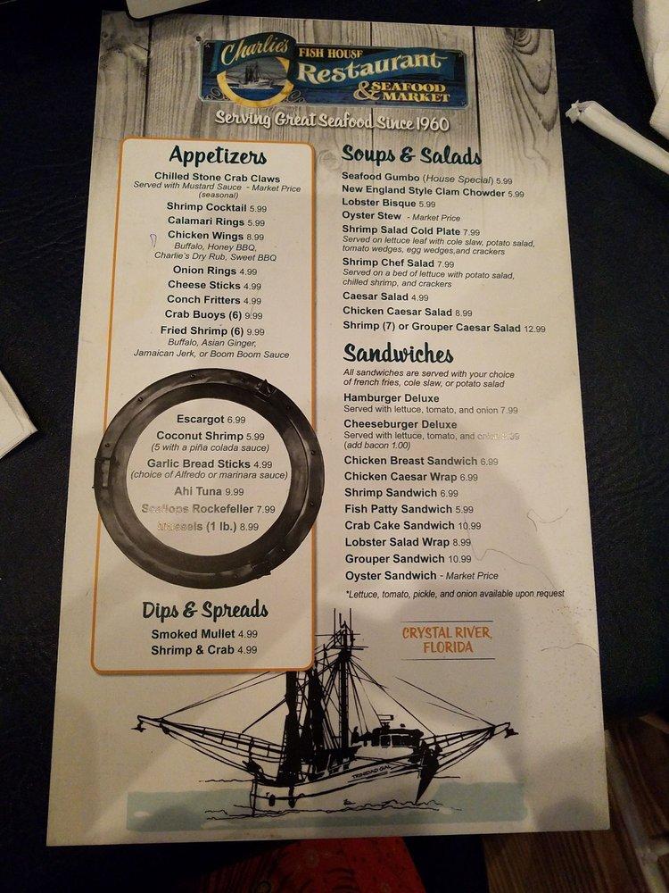 Menu at Charlie's Fish House Restaurant, Crystal River