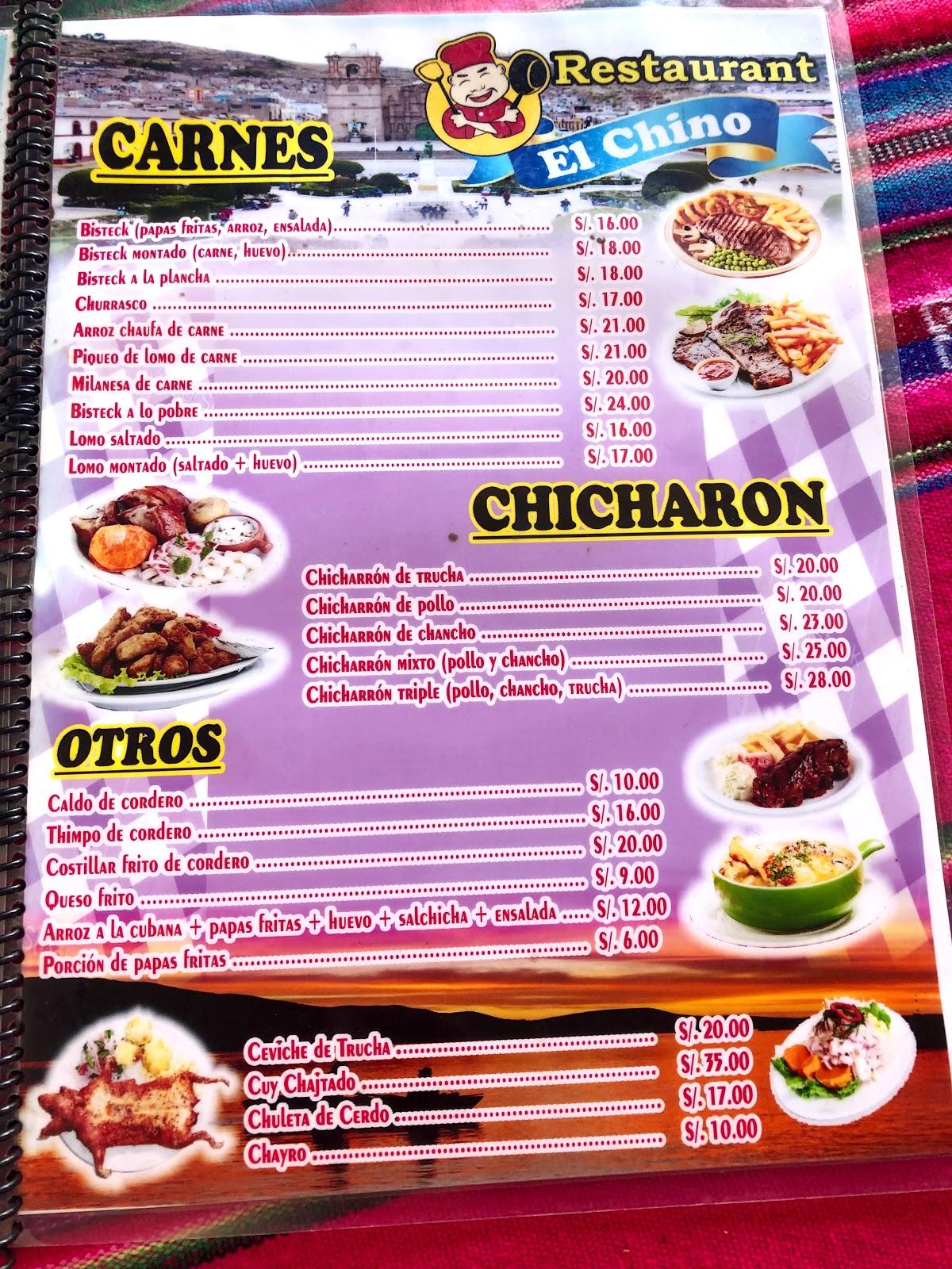 Menu at El Chino restaurant, Puno