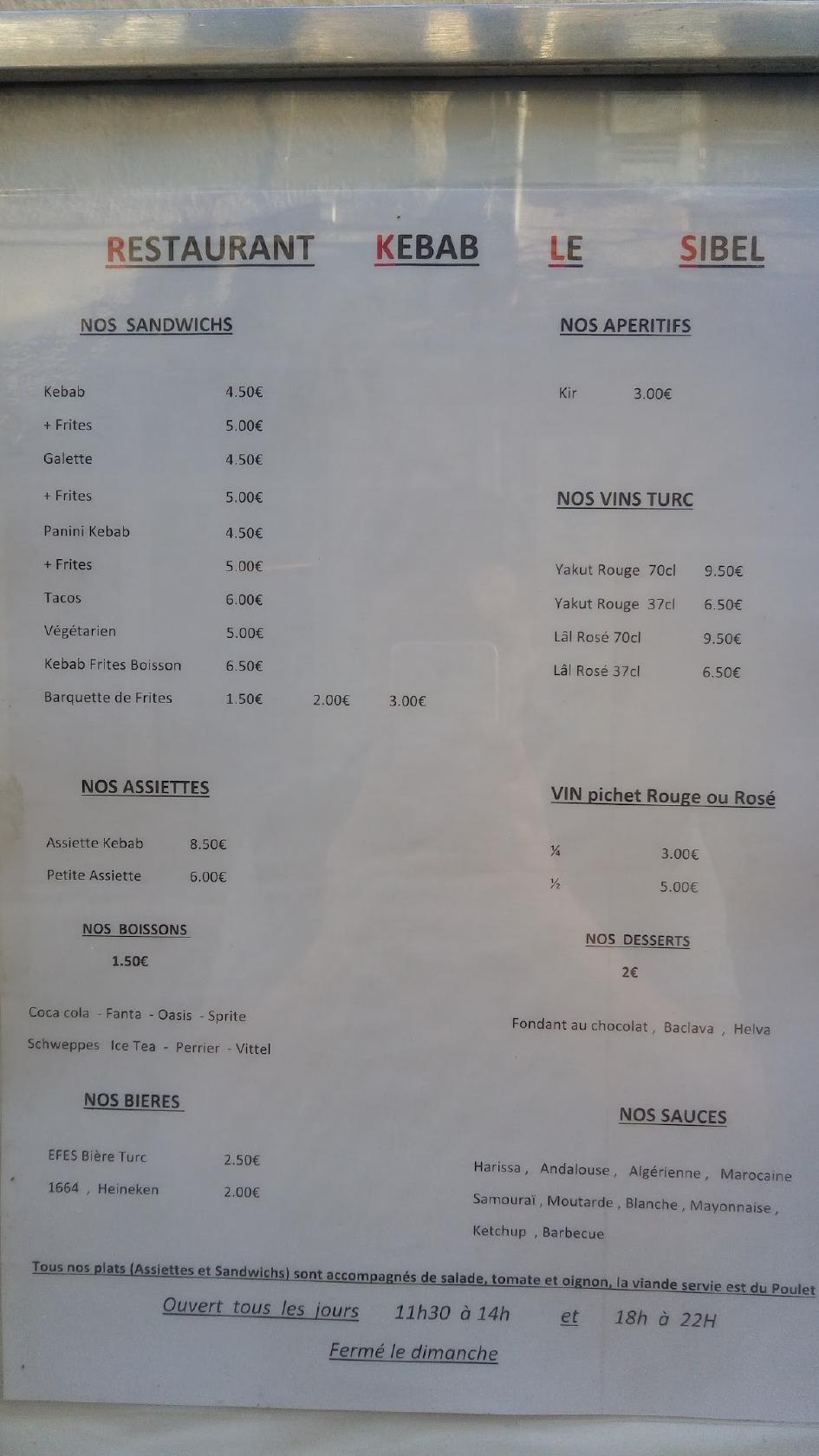 Menu au Kebab Sibel Figeac restaurant, Figeac