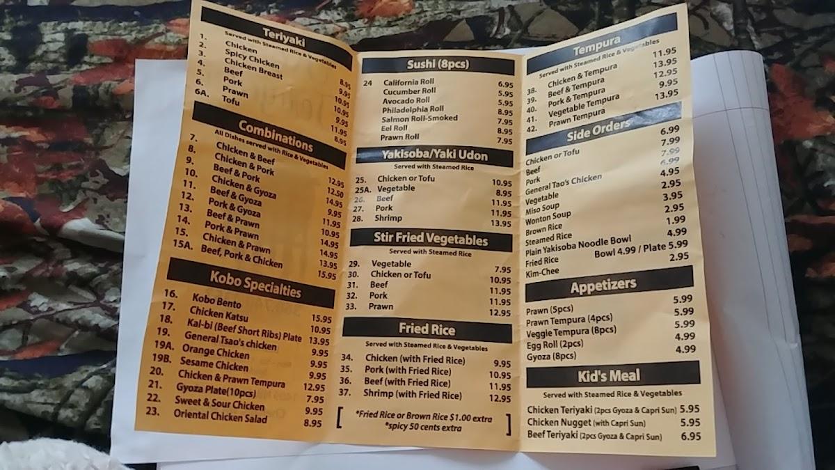 Menu at Kobo Teriyaki restaurant, Chehalis