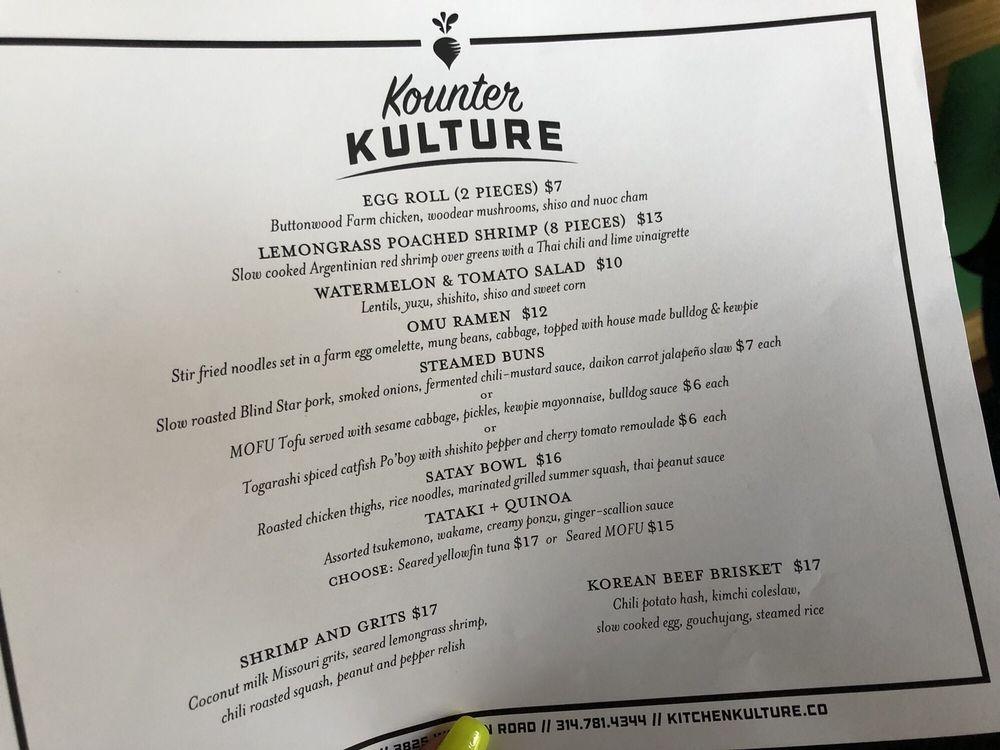 Menu at Kounter Kulture restaurant, St. Louis