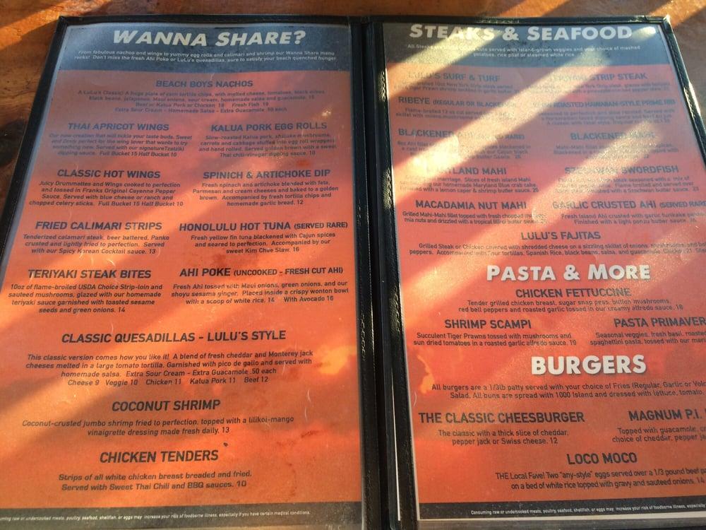 Menu at Lulu's Restaurant Waikiki, Honolulu
