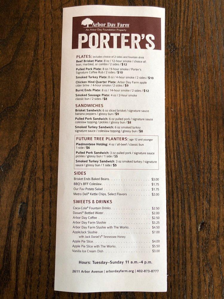 Menu at Porter's BBQ, Nebraska City