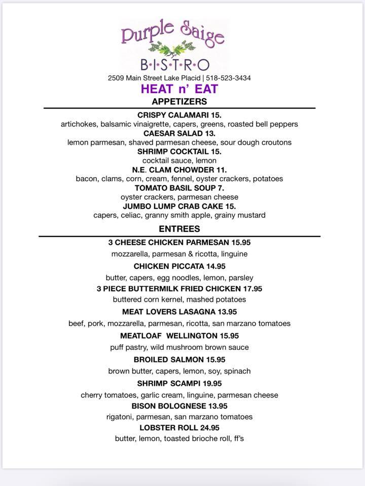 Menu at Purple Saige Bistro restaurant, Lake Placid