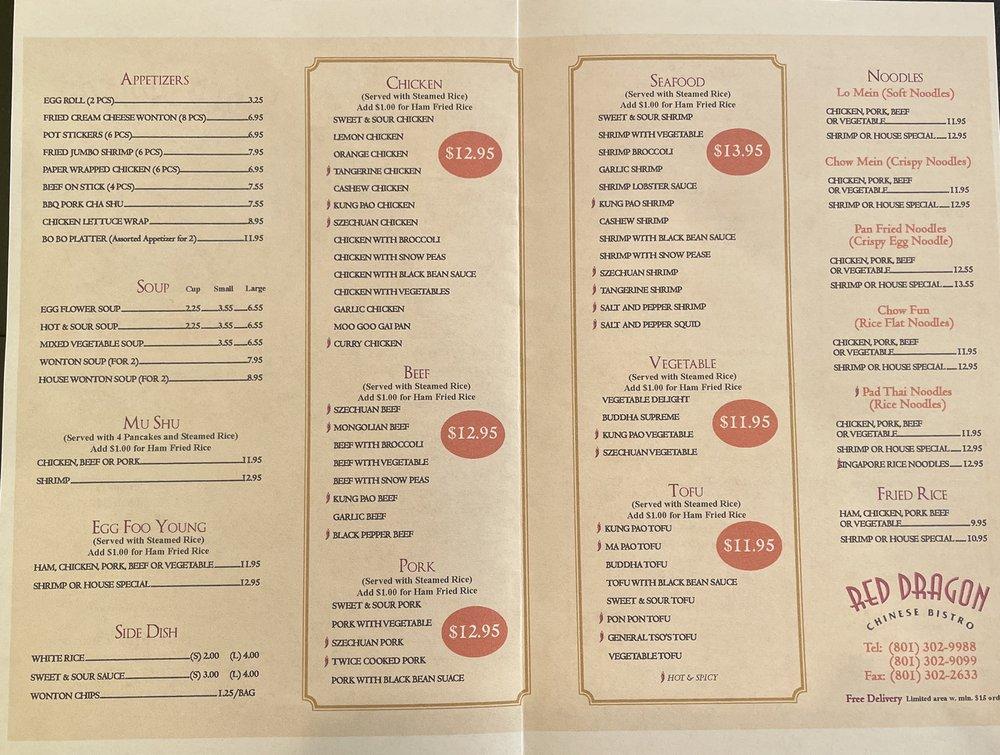Menu at Red Dragon Chinese Bistro restaurant, South Jordan