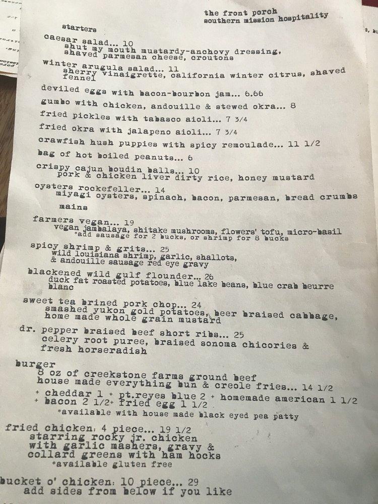 Menu at The Front Porch restaurant, San Francisco