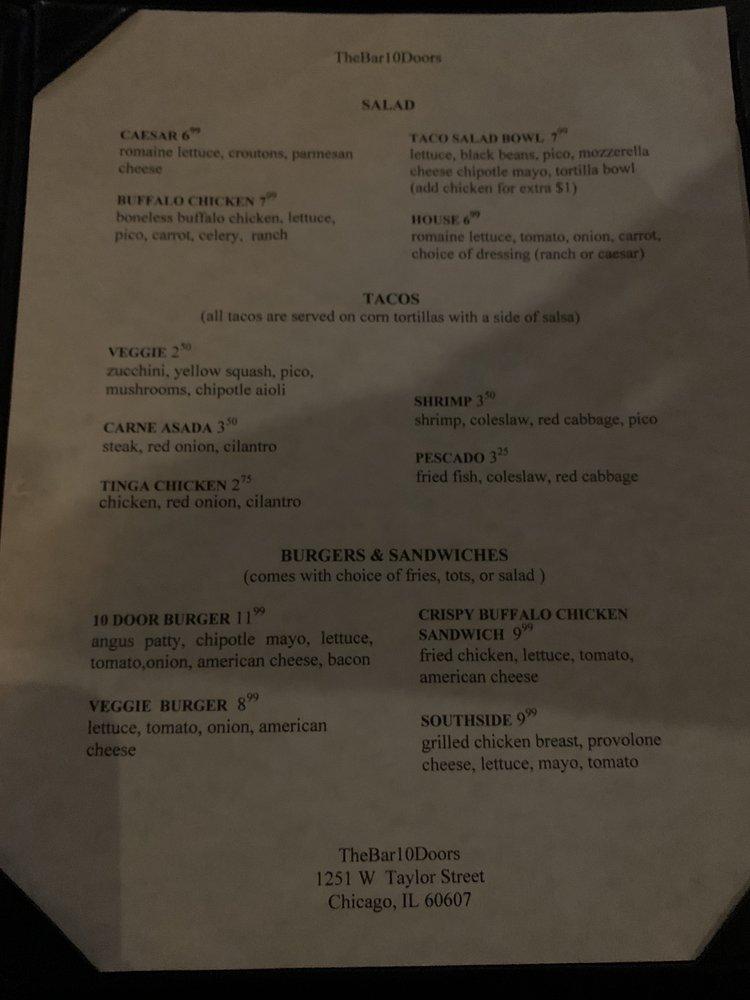 Menu at THE BAR 10 DOORS, Chicago, W Taylor St
