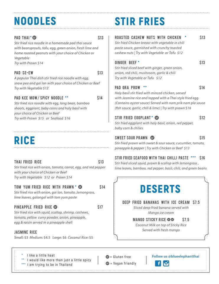 Menu at Blue Elephant Thai Restaurant, Bedford