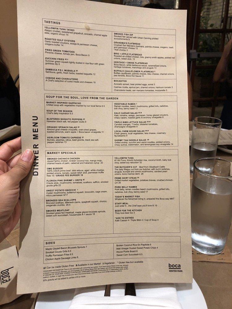 Menu at Boca pub & bar, Winter Park