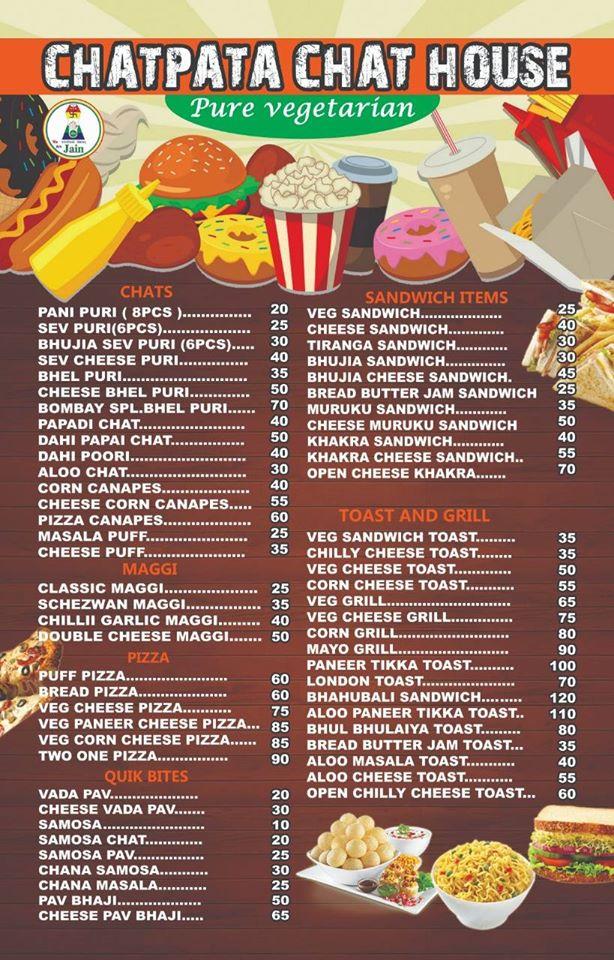 Menu at Chatpata chat house, Chennai, 13/1