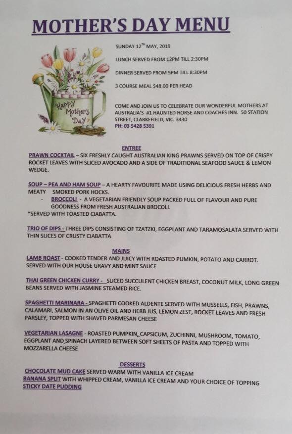 Menu at Coach & Horses Inn restaurant, Clarkefield