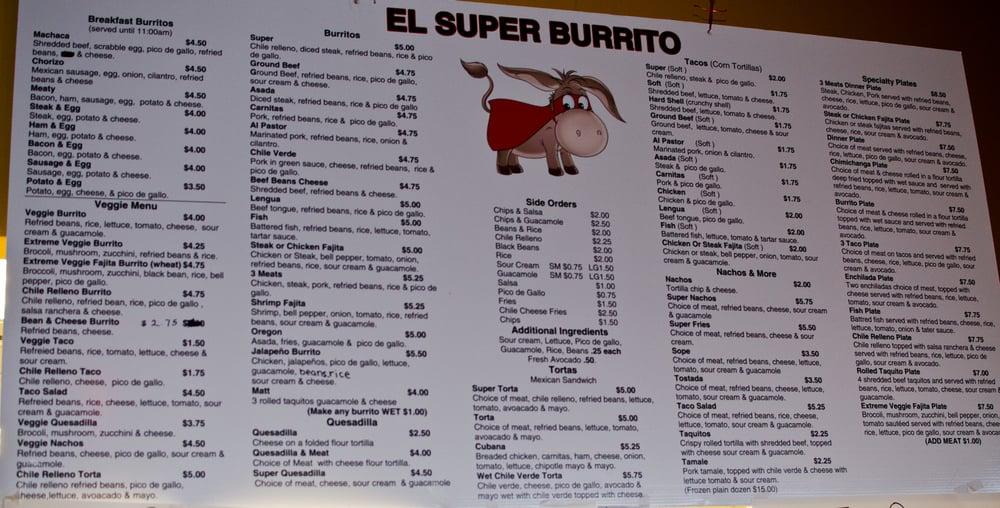 Menu at El Super Burrito restaurant, Eugene