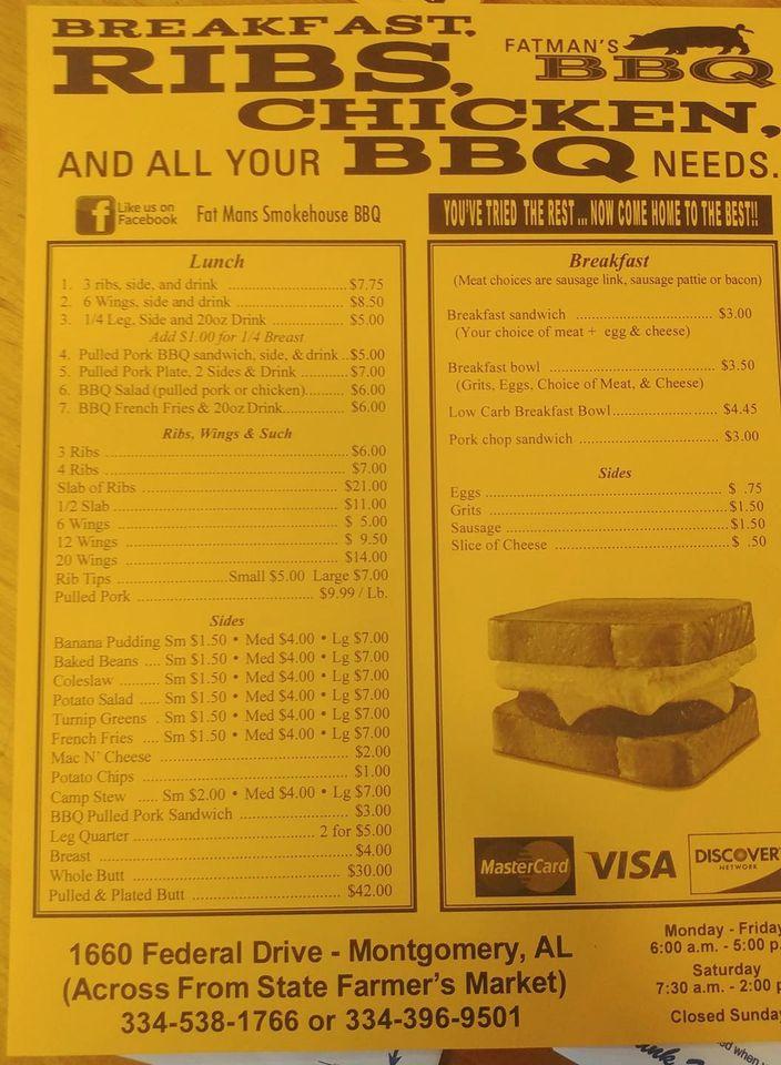 Menu at Fat Man's Smokehouse BBQ, Montgomery, Federal Dr