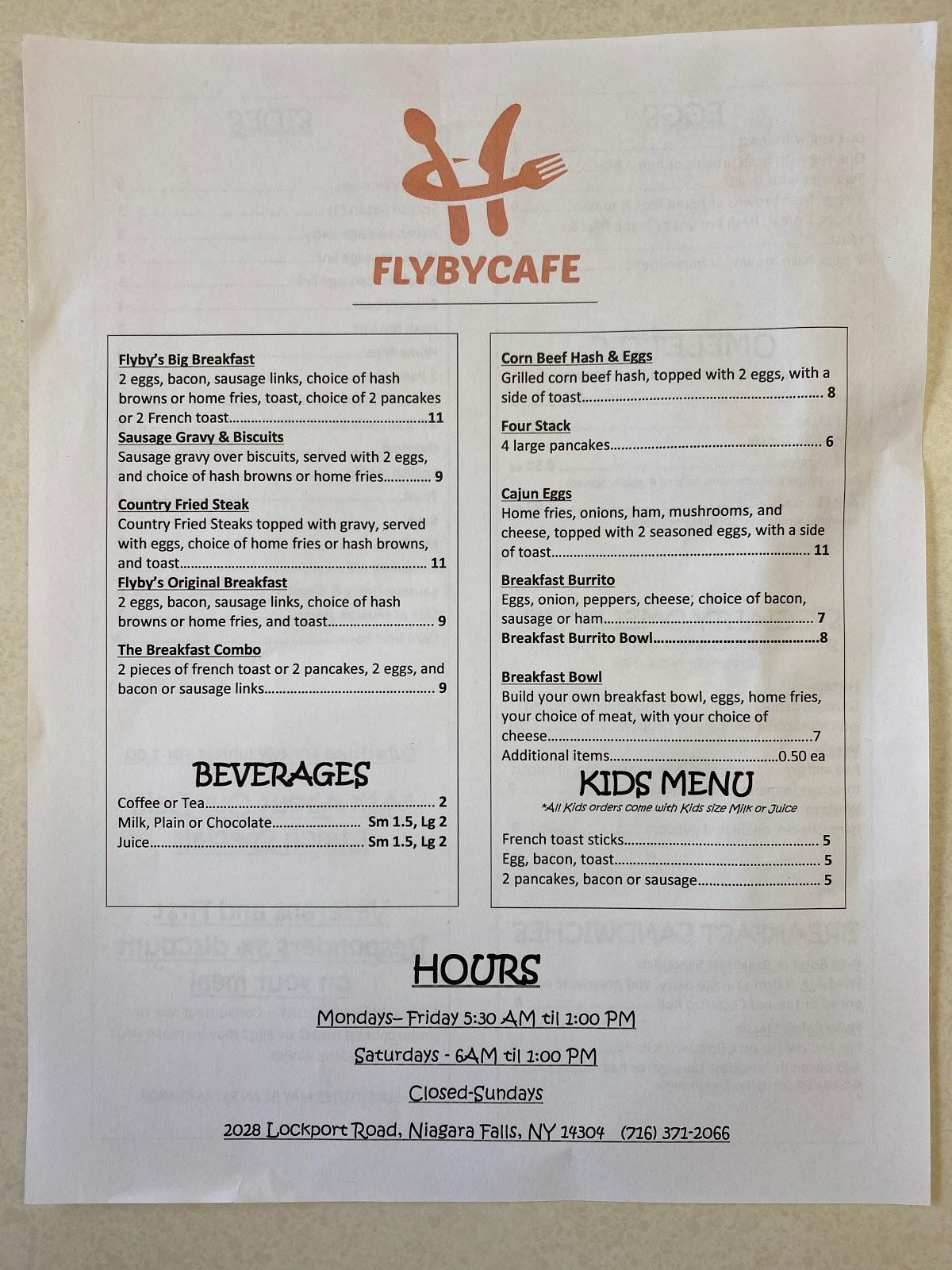 Menu at Flyby cafe, Niagara Falls