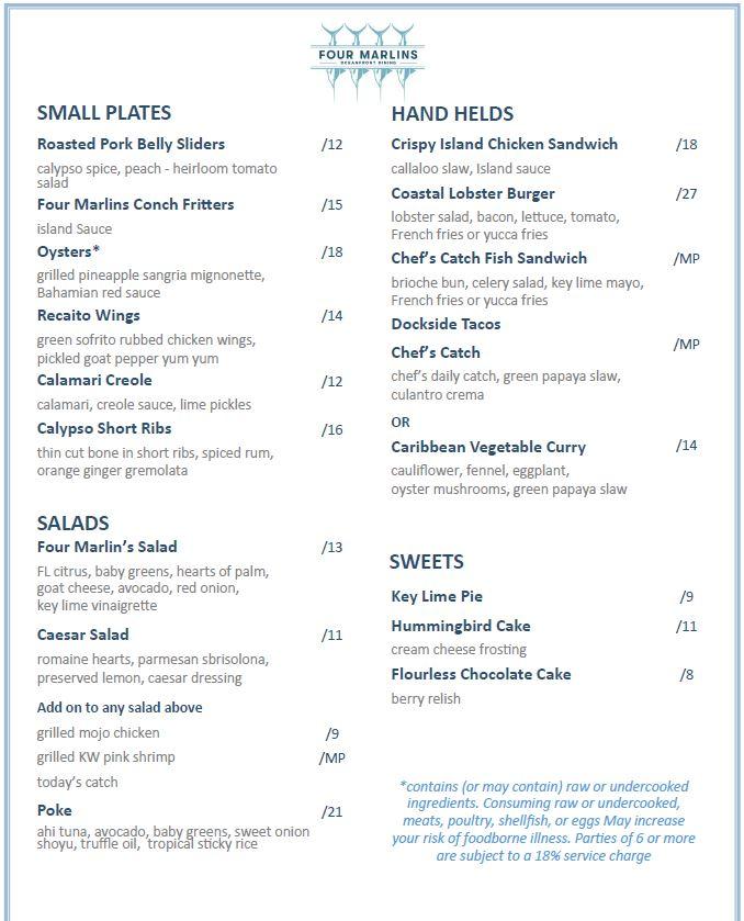 Menu at Four Marlins Oceanfront Dining restaurant, Key West, Simonton St