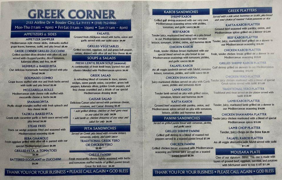 Carta del restaurante Greek Corner, Bossier City, Airline Dr