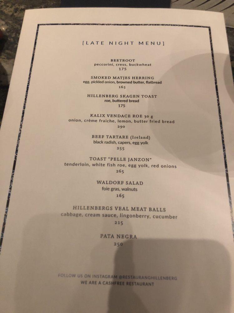 Menu at Hillenberg restaurant, Stockholm