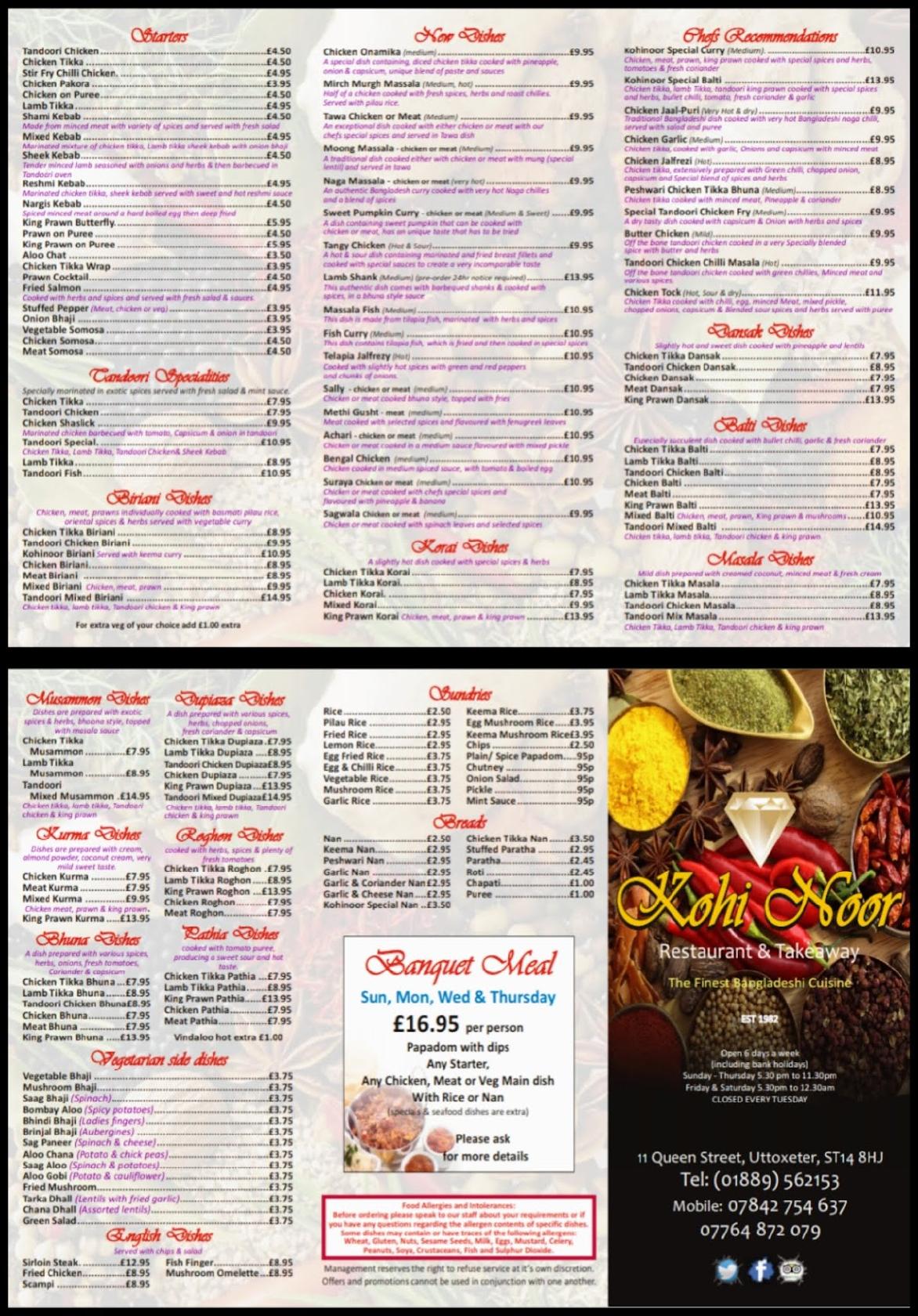 Menu at Kohi Noor restaurant, Uttoxeter
