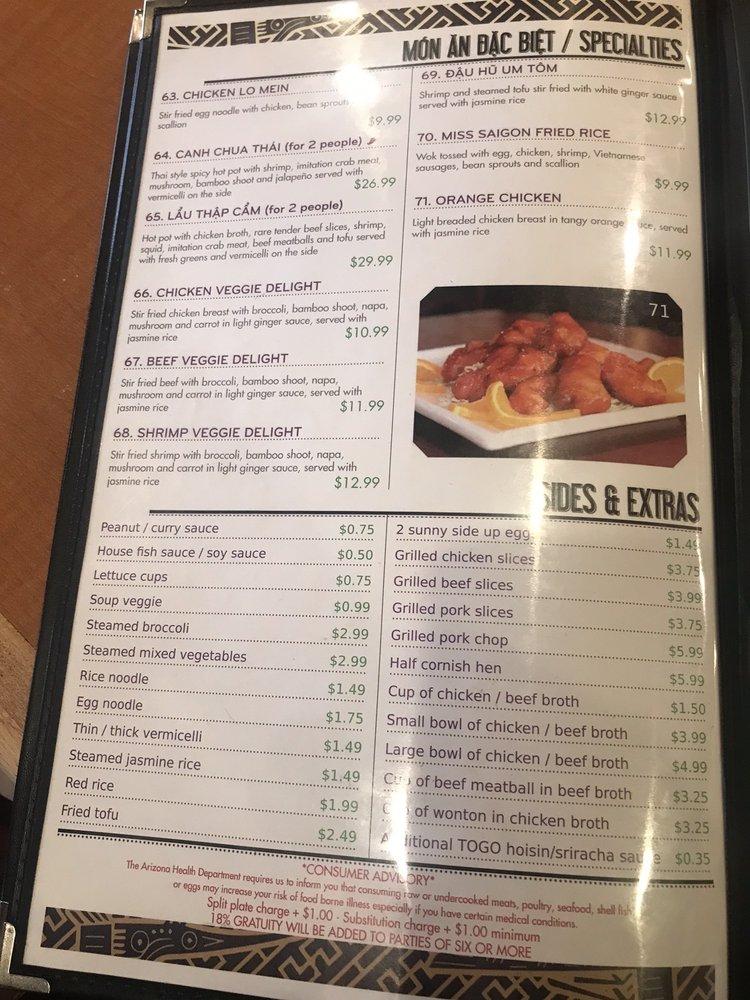 Menu at Miss Saigon restaurant, Tucson, N Campbell Ave