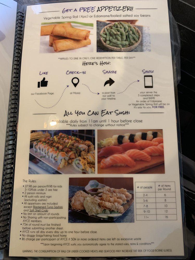 Menu at Momiji restaurant, McMinnville