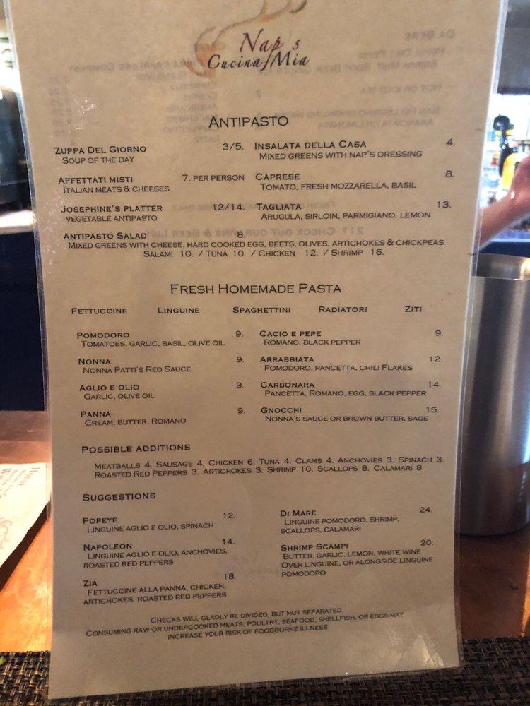 Menu at Nap's Cucina Mia restaurant, Indiana, Philadelphia St