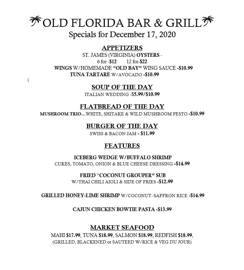 Menu at Old Florida Bar & Grill, Jupiter