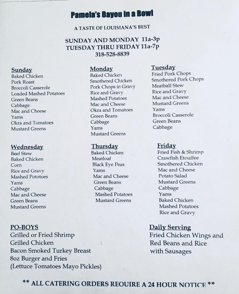 Menu at Pamela's Bayou In A Bowl restaurant, Alexandria, 33 Macarthur Dr
