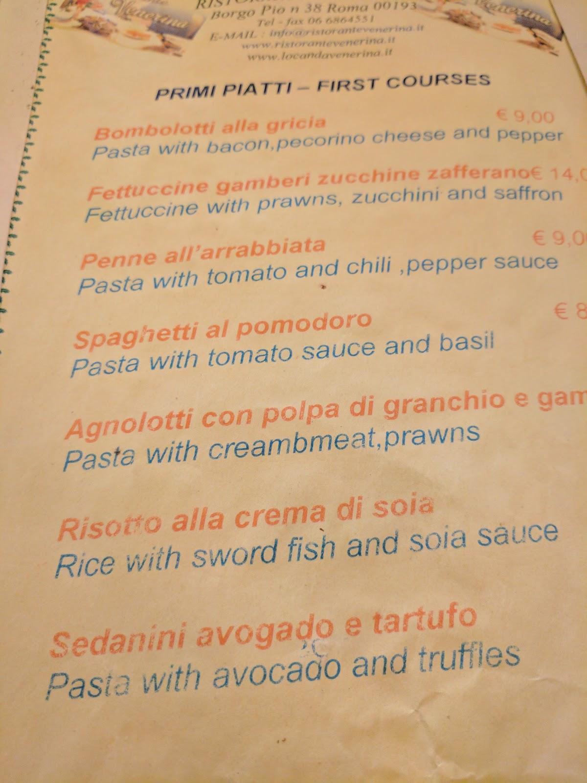 Menu at RISTORANTE VENERINA, Rome, Borgo Pio