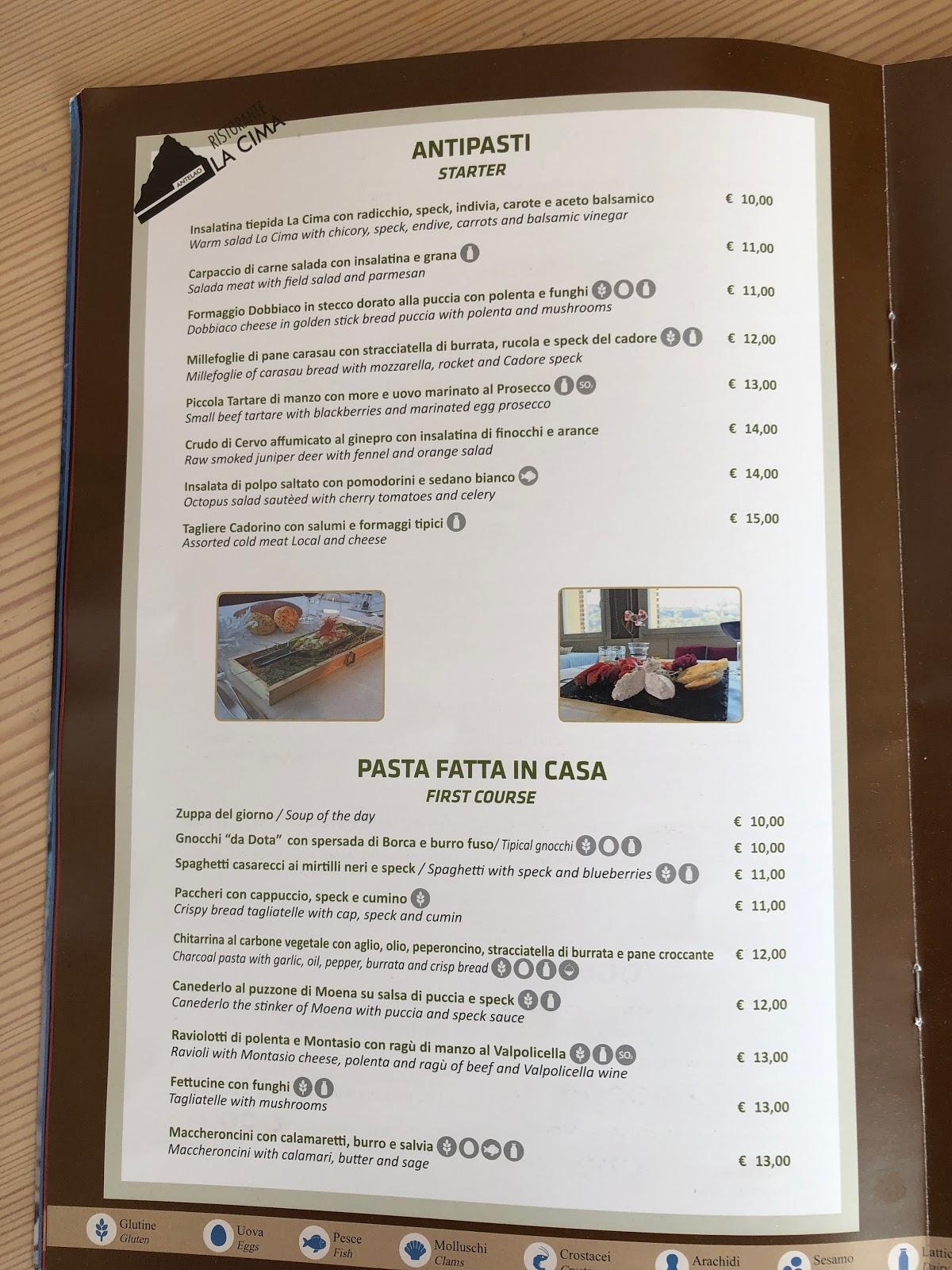 Menu at Ristorante La Cima, Cancia
