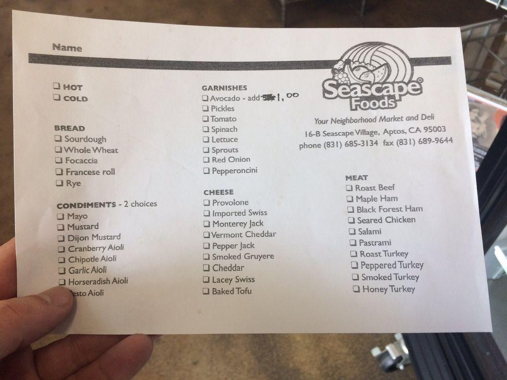 Menu at Seascape Foods cafe, Aptos