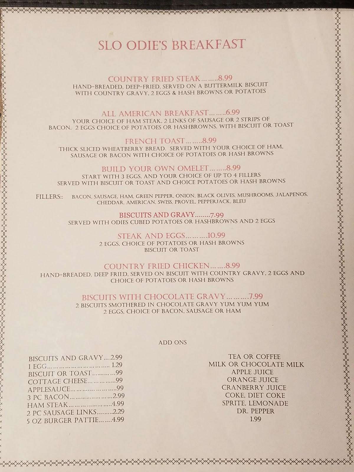 Menu at Slo Odies restaurant, House Springs, 28 Gravois Station Rd