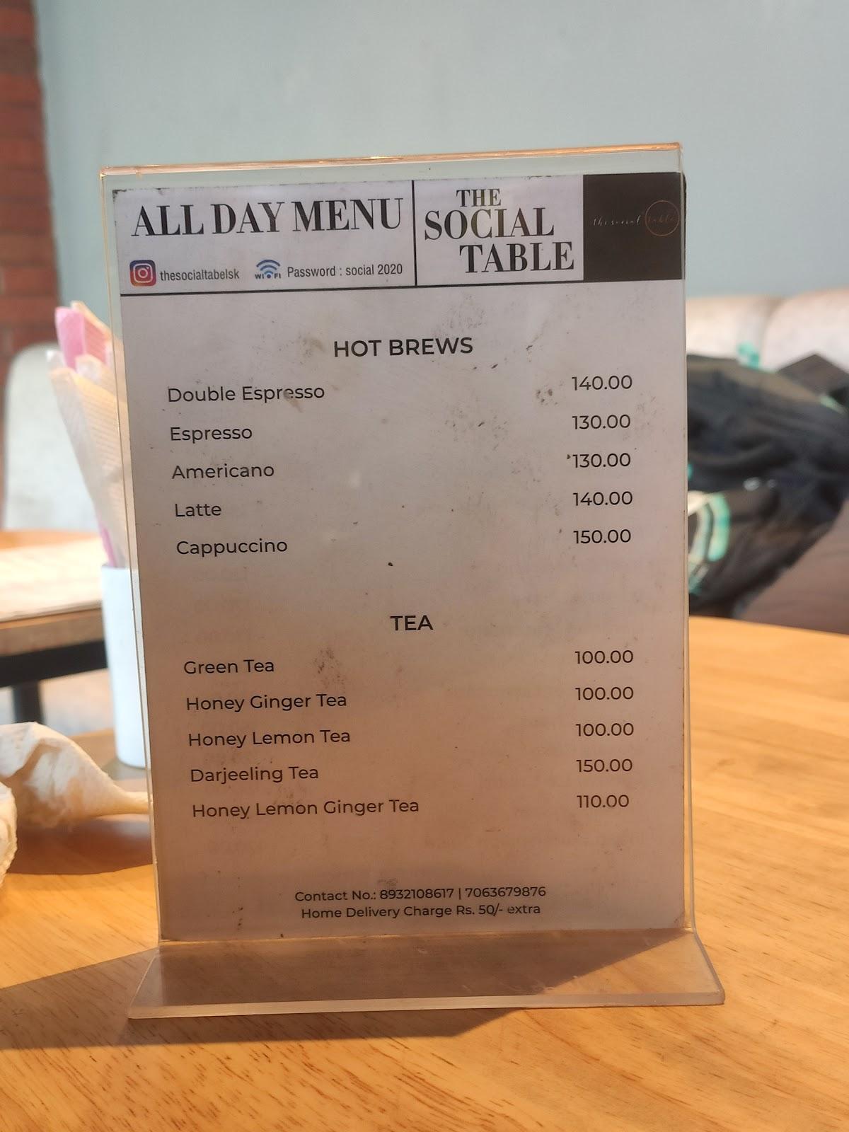 Menu at Social Table, Gangtok