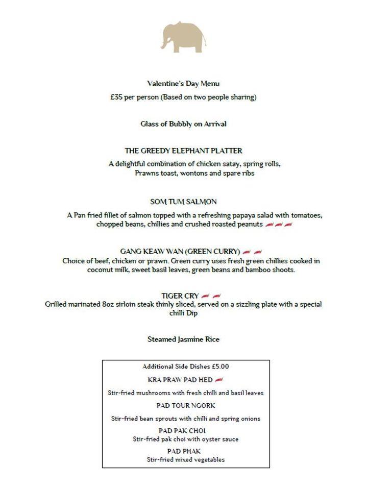 Menu at The Greedy Elephant restaurant, Weybridge