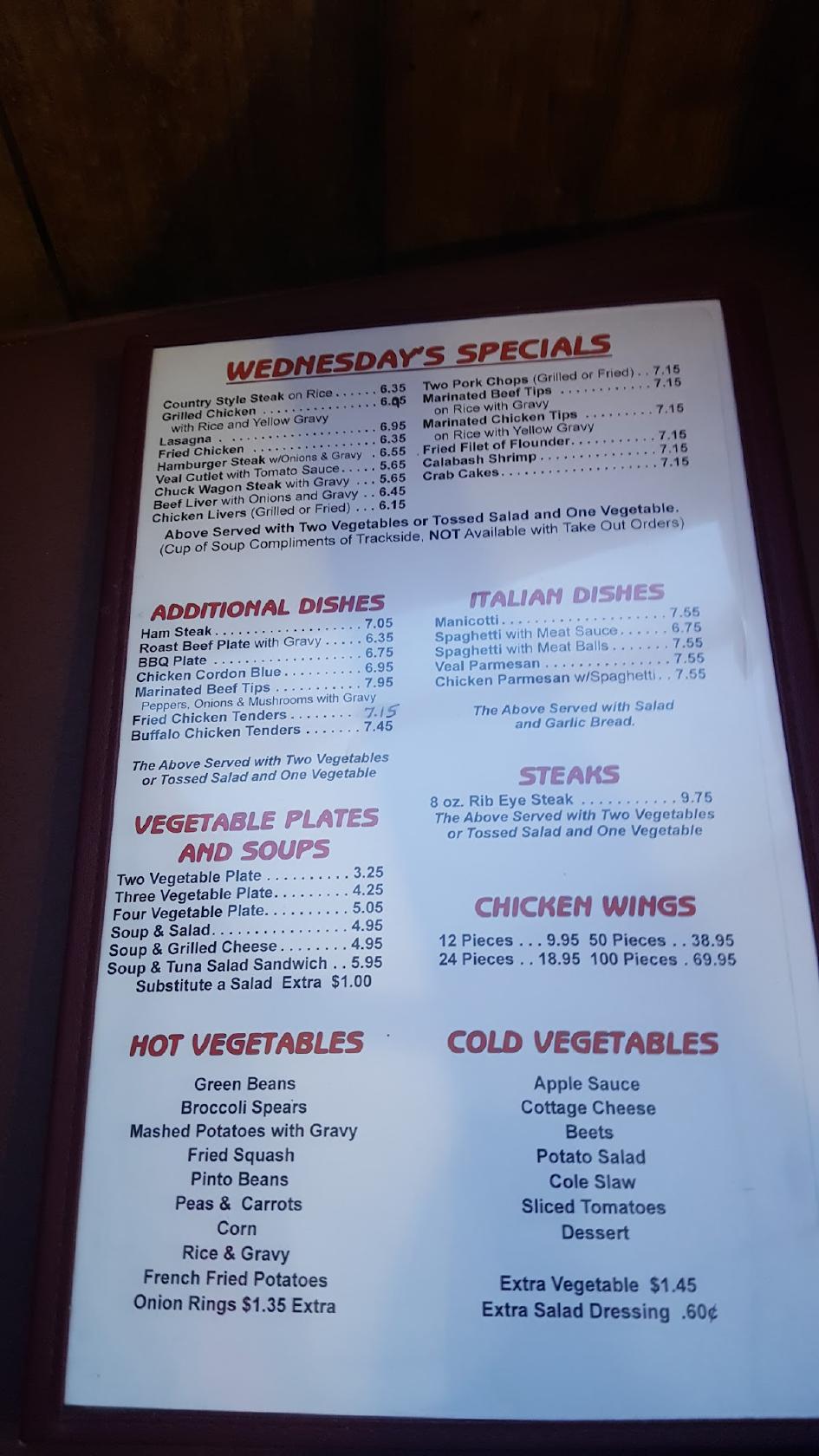Menu at Trackside Restaurant, Mooresville