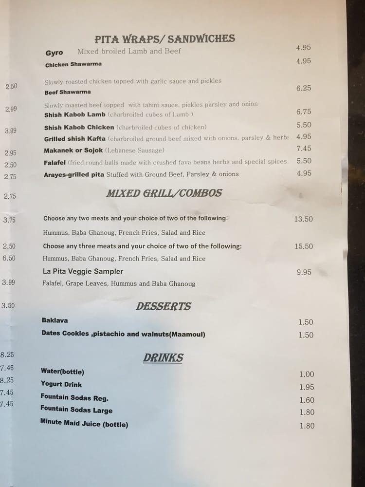Menu at La Pita Lebanese Taverna restaurant, Tampa, N Florida Ave